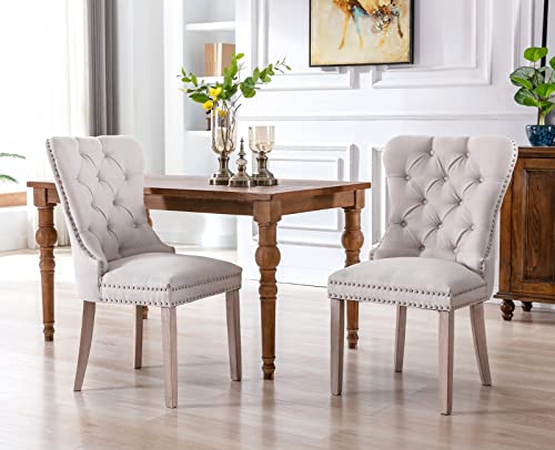 Kmax Linen Elegant Upholstered Dining Chairs, Fabric Armless Accent Chair with Ring Pull Solid Wood Legs, Set of 2 - Beige