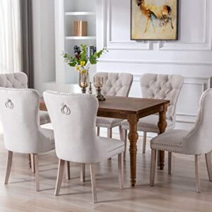 Kmax Linen Elegant Upholstered Dining Chairs, Fabric Armless Accent Chair with Ring Pull Solid Wood Legs, Set of 2 - Beige