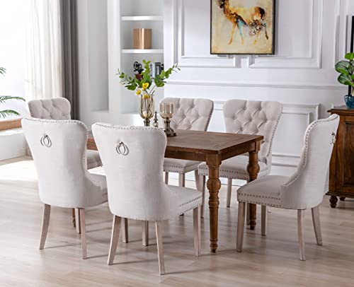 Kmax Linen Elegant Upholstered Dining Chairs, Fabric Armless Accent Chair with Ring Pull Solid Wood Legs, Set of 2 - Beige