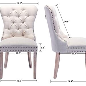 Kmax Linen Elegant Upholstered Dining Chairs, Fabric Armless Accent Chair with Ring Pull Solid Wood Legs, Set of 2 - Beige