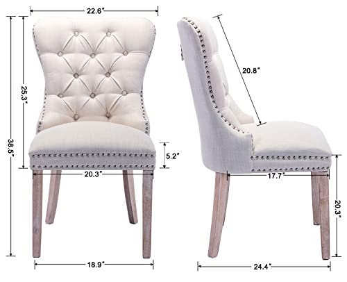 Kmax Linen Elegant Upholstered Dining Chairs, Fabric Armless Accent Chair with Ring Pull Solid Wood Legs, Set of 2 - Beige