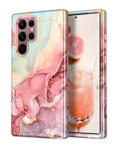 Btscase Case for Samsung Galaxy S22 Ultra 5G , Marble Pattern 3 in 1 Heavy Duty Shockproof Full Body Rugged Hard PC+Soft Silicone Drop Protective Women Girl Covers , Rose Gold