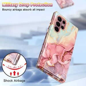 Btscase Case for Samsung Galaxy S22 Ultra 5G , Marble Pattern 3 in 1 Heavy Duty Shockproof Full Body Rugged Hard PC+Soft Silicone Drop Protective Women Girl Covers , Rose Gold