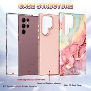 Btscase Case for Samsung Galaxy S22 Ultra 5G , Marble Pattern 3 in 1 Heavy Duty Shockproof Full Body Rugged Hard PC+Soft Silicone Drop Protective Women Girl Covers , Rose Gold