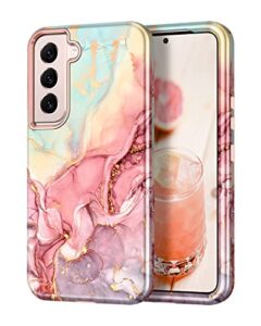 btscase for samsung galaxy s22+/s22 plus 5g case, marble pattern 3 in 1 heavy duty shockproof full body rugged hard pc+soft silicone drop protective women girl covers for s22+/s22 plus, rose gold