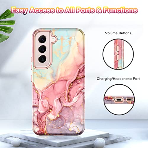 Btscase for Samsung Galaxy S22 5G 6.1 Inch Case,Marble Pattern 3 in 1 Heavy Duty Shockproof Full Body Rugged Hard PC+Soft Silicone Drop Protective Women Girl Cover, Rose Gold