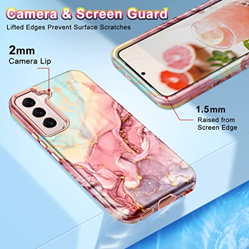 Btscase for Samsung Galaxy S22 5G 6.1 Inch Case,Marble Pattern 3 in 1 Heavy Duty Shockproof Full Body Rugged Hard PC+Soft Silicone Drop Protective Women Girl Cover, Rose Gold