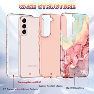 Btscase for Samsung Galaxy S22 5G 6.1 Inch Case,Marble Pattern 3 in 1 Heavy Duty Shockproof Full Body Rugged Hard PC+Soft Silicone Drop Protective Women Girl Cover, Rose Gold