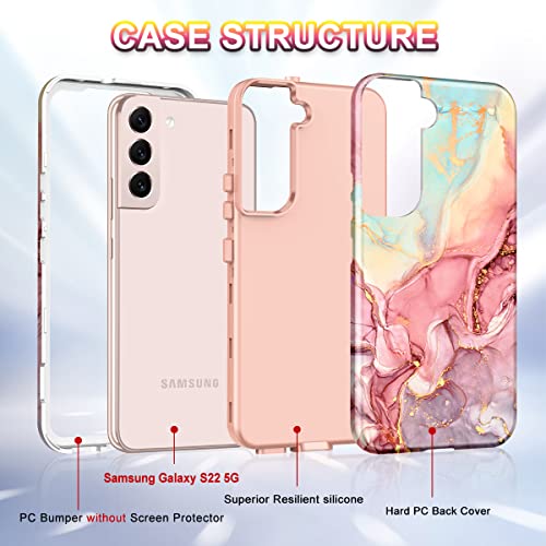 Btscase for Samsung Galaxy S22 5G 6.1 Inch Case,Marble Pattern 3 in 1 Heavy Duty Shockproof Full Body Rugged Hard PC+Soft Silicone Drop Protective Women Girl Cover, Rose Gold