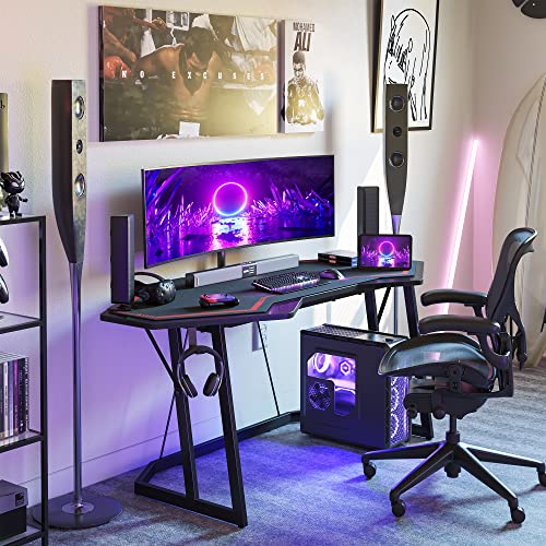 CubiCubi Battleship Gaming Desk 63 inch Gamer Workstation, Home Computer Carbon Fiber Surface Gaming Desk PC Table with Cable Tray and Headphone Hook