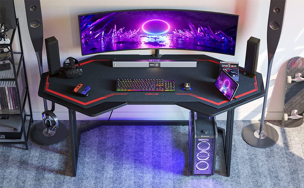 CubiCubi Battleship Gaming Desk 63 inch Gamer Workstation, Home Computer Carbon Fiber Surface Gaming Desk PC Table with Cable Tray and Headphone Hook