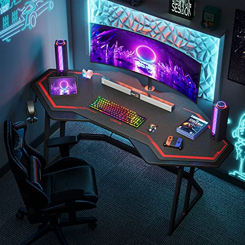 CubiCubi Battleship Gaming Desk 63 inch Gamer Workstation, Home Computer Carbon Fiber Surface Gaming Desk PC Table with Cable Tray and Headphone Hook