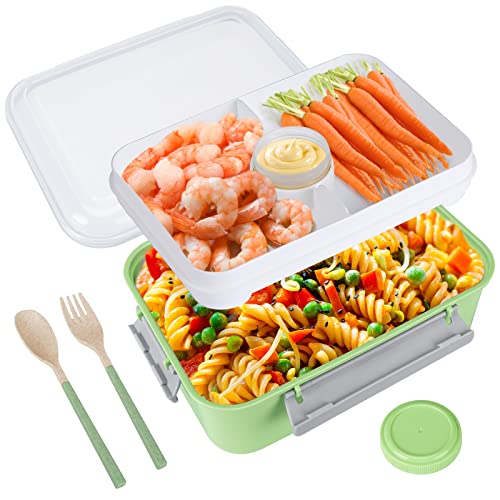 DANIA & DEAN Lunch Container Bento Box, Large 54-oz Salad Bowl, Leak-proof Stackable Tray with 2-oz Sauce Container to Go for Adult, Reusable Utensil Set Included, BPA-Free (Green)