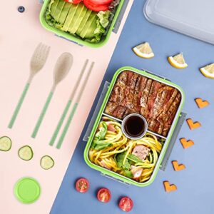 DANIA & DEAN Lunch Container Bento Box, Large 54-oz Salad Bowl, Leak-proof Stackable Tray with 2-oz Sauce Container to Go for Adult, Reusable Utensil Set Included, BPA-Free (Green)