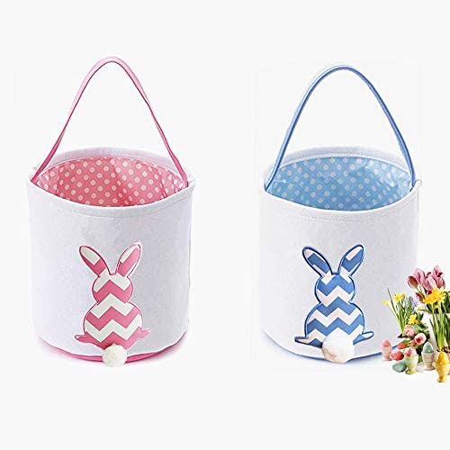 2 Pack Easter Bunny Basket Bags, Striped Bunny Print Design Canvas Tote Bag, Used for Egg Candy and Gift Hunting at Children's Easter Party (Blue+red)