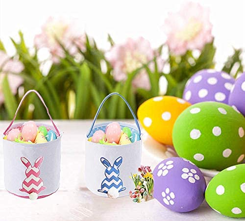 2 Pack Easter Bunny Basket Bags, Striped Bunny Print Design Canvas Tote Bag, Used for Egg Candy and Gift Hunting at Children's Easter Party (Blue+red)