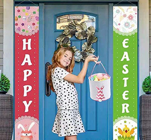 2 Pack Easter Bunny Basket Bags, Striped Bunny Print Design Canvas Tote Bag, Used for Egg Candy and Gift Hunting at Children's Easter Party (Blue+red)