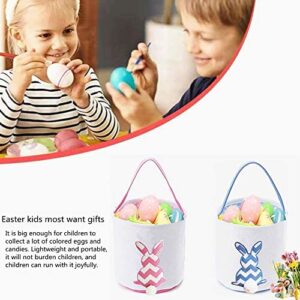 2 Pack Easter Bunny Basket Bags, Striped Bunny Print Design Canvas Tote Bag, Used for Egg Candy and Gift Hunting at Children's Easter Party (Blue+red)