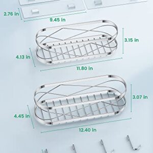 PARAKE Shower Caddy for Bathroom, 2-Pack Self-Adhesive Shower Storage Shelf with 4 Hooks, SUS304 Shampoo Organizer Rack Shower Shelf, Rustproof Large Capacity, for Kitchen Dorm Bath Toilet, Silver