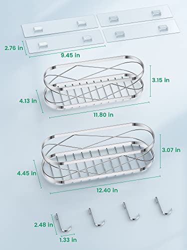 PARAKE Shower Caddy for Bathroom, 2-Pack Self-Adhesive Shower Storage Shelf with 4 Hooks, SUS304 Shampoo Organizer Rack Shower Shelf, Rustproof Large Capacity, for Kitchen Dorm Bath Toilet, Silver