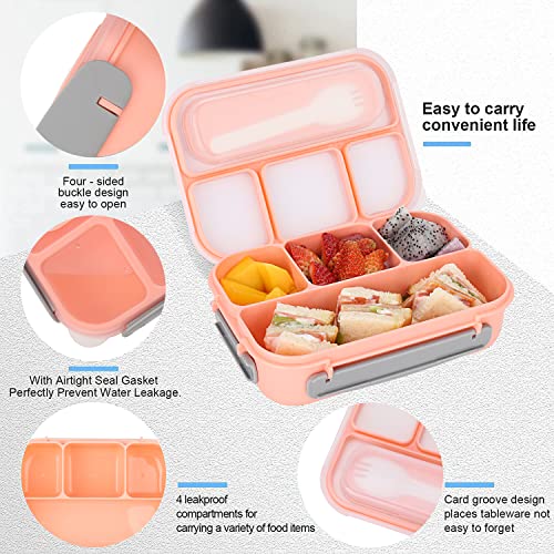 Ylebs Bento Box Lunch Containers for Adults 5 Cup,Bento Boxes with 4 Compartments &Fork,Leak-proof,Microwave/Dishwasher/Freezer Safe,Pink