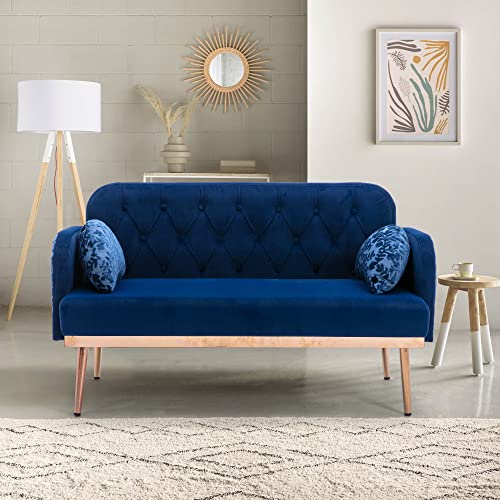 Yoglad Velvet Small Sofa, Upholstered Loveseat with Golden Metal Legs, Accent Couch with Cute Pillows, Small Couch with Solid Wood Frame, for Living Room, Bed Room, Dorm, 55" Inch (Navy)