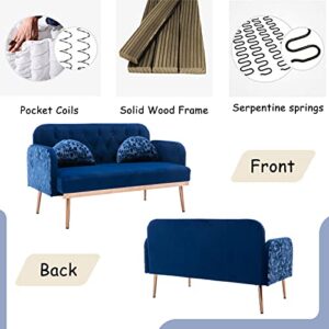 Yoglad Velvet Small Sofa, Upholstered Loveseat with Golden Metal Legs, Accent Couch with Cute Pillows, Small Couch with Solid Wood Frame, for Living Room, Bed Room, Dorm, 55" Inch (Navy)