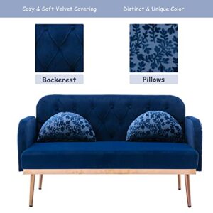 Yoglad Velvet Small Sofa, Upholstered Loveseat with Golden Metal Legs, Accent Couch with Cute Pillows, Small Couch with Solid Wood Frame, for Living Room, Bed Room, Dorm, 55" Inch (Navy)