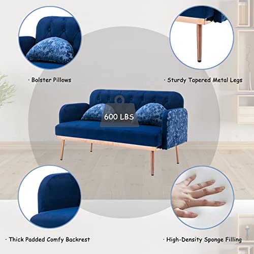 Yoglad Velvet Small Sofa, Upholstered Loveseat with Golden Metal Legs, Accent Couch with Cute Pillows, Small Couch with Solid Wood Frame, for Living Room, Bed Room, Dorm, 55" Inch (Navy)