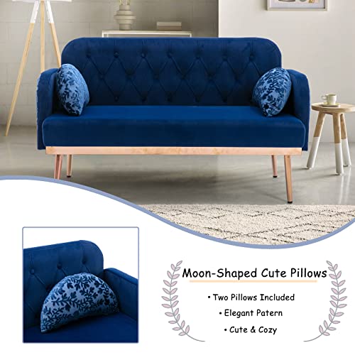 Yoglad Velvet Small Sofa, Upholstered Loveseat with Golden Metal Legs, Accent Couch with Cute Pillows, Small Couch with Solid Wood Frame, for Living Room, Bed Room, Dorm, 55" Inch (Navy)