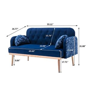 Yoglad Velvet Small Sofa, Upholstered Loveseat with Golden Metal Legs, Accent Couch with Cute Pillows, Small Couch with Solid Wood Frame, for Living Room, Bed Room, Dorm, 55" Inch (Navy)