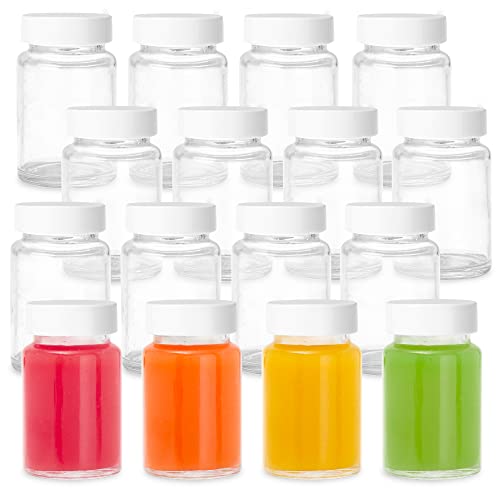 Ilyapa Glass Juice Shot Bottles Pack of 16-2oz On The Go Beverage Storage Container with White Cap, Reusable, Leak Proof