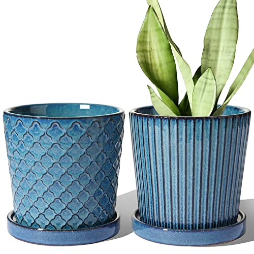 LE TAUCI Plant Pots, 5.5 Inch Pots for Indoor Plants, Planters with Drainage Hole and Saucer for Home or Office, Flower Pots for Succulent, Snake Plants and Cactus, Set of 2, Reactive Glaze Blue