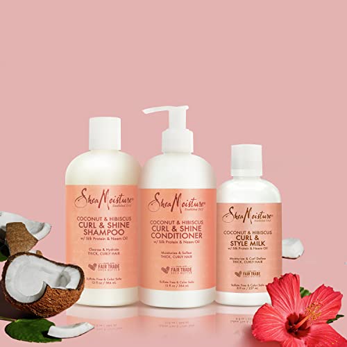 SheaMoisture Moisturize and Define Shampoo, Conditioner and Styling Milk for Curly Hair Care Coconut and Hibiscus with Shea Butter and Coconut Oil