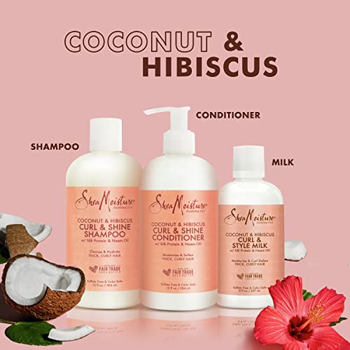 SheaMoisture Moisturize and Define Shampoo, Conditioner and Styling Milk for Curly Hair Care Coconut and Hibiscus with Shea Butter and Coconut Oil