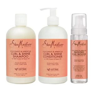 sheamoisture curl and shine shampoo and conditioner, and hair mousse for curly, frizzy hair coconut and hibiscus sulfate free shampoo and conditioner, anti-frizz hair products