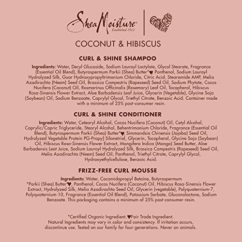 SheaMoisture Curl and Shine Shampoo and Conditioner, and Hair Mousse For Curly, Frizzy Hair Coconut and Hibiscus Sulfate Free Shampoo and Conditioner, Anti-Frizz Hair Products