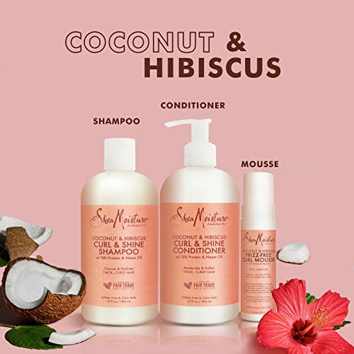 SheaMoisture Curl and Shine Shampoo and Conditioner, and Hair Mousse For Curly, Frizzy Hair Coconut and Hibiscus Sulfate Free Shampoo and Conditioner, Anti-Frizz Hair Products