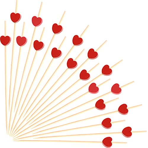 100pcs Red Heart Cocktail Picks 4.7" Long Fruit Sticks Food Toothpicks Sandwich Appetizer Charcuterie Skewers, Handmade of Bamboo Wood, for Birthday, Wedding, Valentines Day Decoration Party Supplies