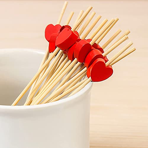 100pcs Red Heart Cocktail Picks 4.7" Long Fruit Sticks Food Toothpicks Sandwich Appetizer Charcuterie Skewers, Handmade of Bamboo Wood, for Birthday, Wedding, Valentines Day Decoration Party Supplies