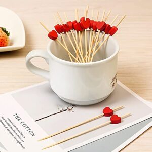 100pcs Red Heart Cocktail Picks 4.7" Long Fruit Sticks Food Toothpicks Sandwich Appetizer Charcuterie Skewers, Handmade of Bamboo Wood, for Birthday, Wedding, Valentines Day Decoration Party Supplies