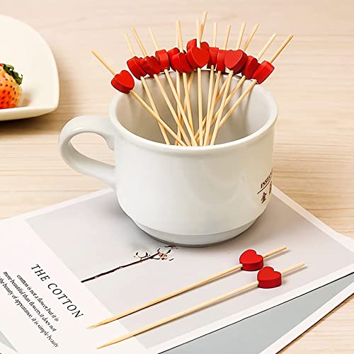 100pcs Red Heart Cocktail Picks 4.7" Long Fruit Sticks Food Toothpicks Sandwich Appetizer Charcuterie Skewers, Handmade of Bamboo Wood, for Birthday, Wedding, Valentines Day Decoration Party Supplies