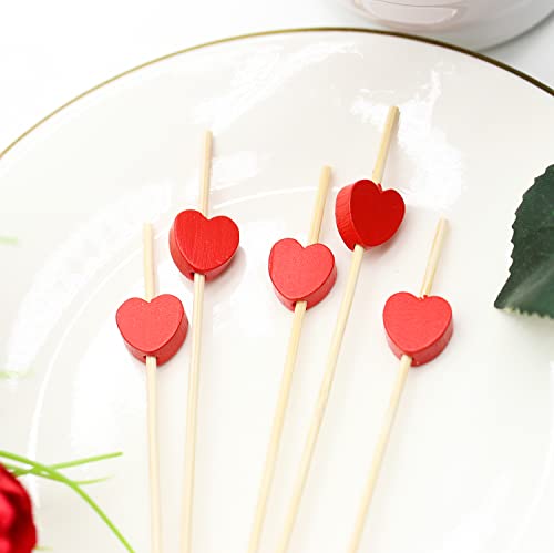 100pcs Red Heart Cocktail Picks 4.7" Long Fruit Sticks Food Toothpicks Sandwich Appetizer Charcuterie Skewers, Handmade of Bamboo Wood, for Birthday, Wedding, Valentines Day Decoration Party Supplies