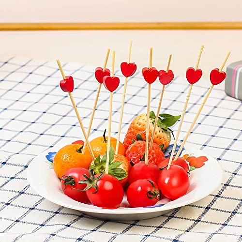 100pcs Red Heart Cocktail Picks 4.7" Long Fruit Sticks Food Toothpicks Sandwich Appetizer Charcuterie Skewers, Handmade of Bamboo Wood, for Birthday, Wedding, Valentines Day Decoration Party Supplies