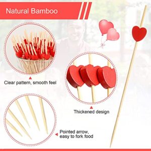 100pcs Red Heart Cocktail Picks 4.7" Long Fruit Sticks Food Toothpicks Sandwich Appetizer Charcuterie Skewers, Handmade of Bamboo Wood, for Birthday, Wedding, Valentines Day Decoration Party Supplies