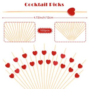 100pcs Red Heart Cocktail Picks 4.7" Long Fruit Sticks Food Toothpicks Sandwich Appetizer Charcuterie Skewers, Handmade of Bamboo Wood, for Birthday, Wedding, Valentines Day Decoration Party Supplies