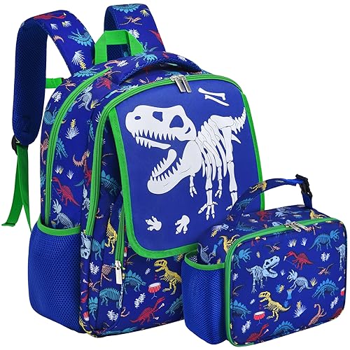 Luminous Dinosaur Backpack Set for Boys - Boy School Backpack with Lunch Box for Preschool Kindergarten Elementary Jurassic World Bookbag Lightweight Camping Hiking Insulated Insulated Lunch Bag