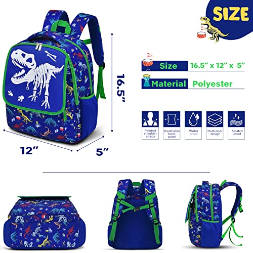 Luminous Dinosaur Backpack Set for Boys - Boy School Backpack with Lunch Box for Preschool Kindergarten Elementary Jurassic World Bookbag Lightweight Camping Hiking Insulated Insulated Lunch Bag