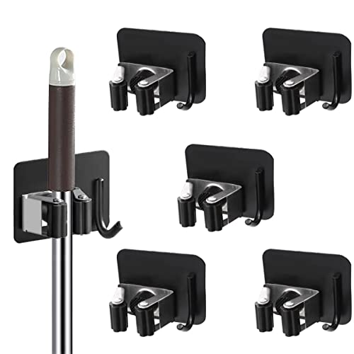 Seamaka 5PCS Broom Holder with Hangle Stainless Steel Wall Mount Mop Holder Self Adhesive ​Mop Grippers Heavy Duty Broom Hanger for Laundry Room Garden Tool Holder Bathroom Accessories Black O-009-BK