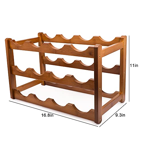 PAMISO 3 Tiers Wine Rack, 12 Bottles Bamboo Wine Stand Holder Wine Rack Countertop for Pantry, Kitchen, Bars, Wine Cellar